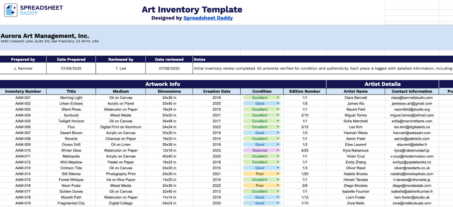 Free☝️ Art Inventory Spreadsheet Template (Google Sheets, Excel, & PDF ...