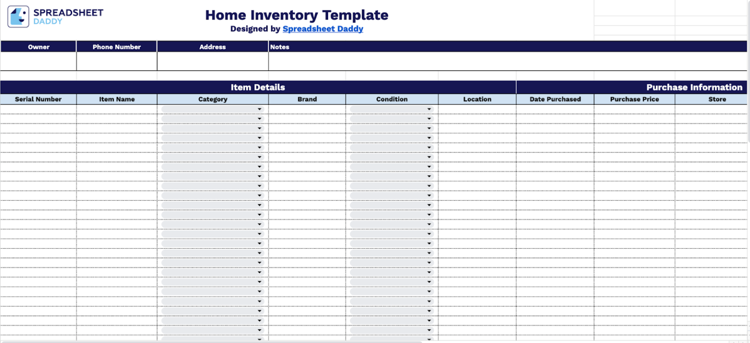 Free☝️ Home Inventory Spreadsheet Template (Google Sheets, Excel, & PDF ...