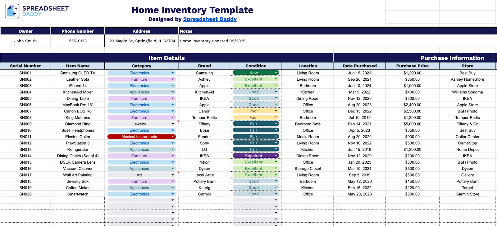 Free☝️ Home Inventory Spreadsheet Template (Google Sheets, Excel, & PDF ...