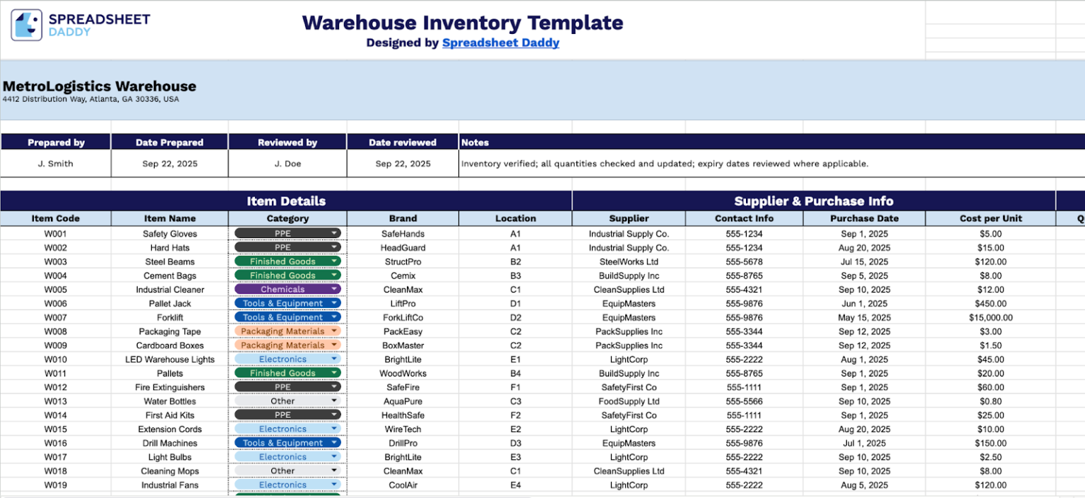 Free☝️ Warehouse Inventory Spreadsheet Template (Google Sheets, Excel ...
