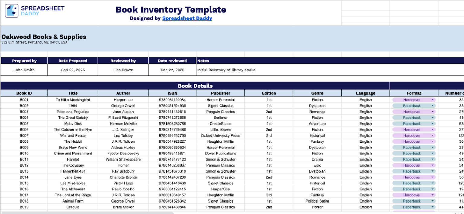 Free☝️ Book Inventory Spreadsheet Template (Google Sheets, Excel, & PDF ...
