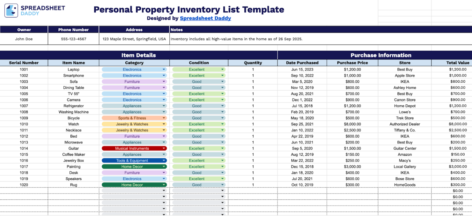 Free☝️ Personal Property Inventory Spreadsheet Template (Google Sheets ...