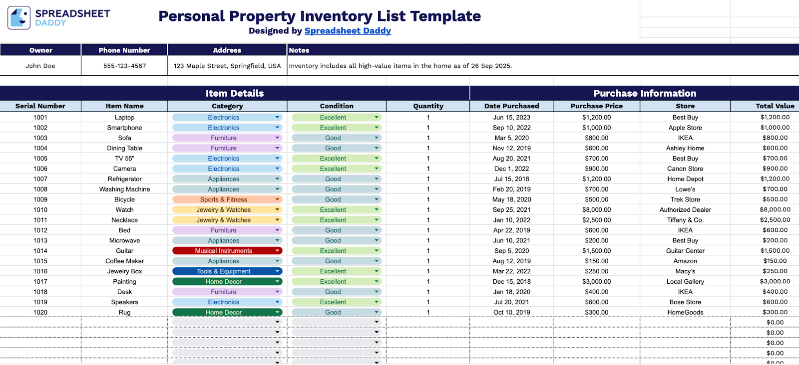 Free☝️ Personal Property Inventory Spreadsheet Template (Google Sheets ...