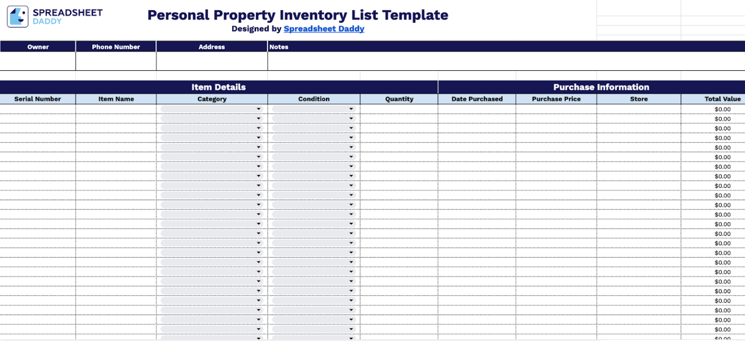 Free☝️ Personal Property Inventory Spreadsheet Template (Google Sheets ...