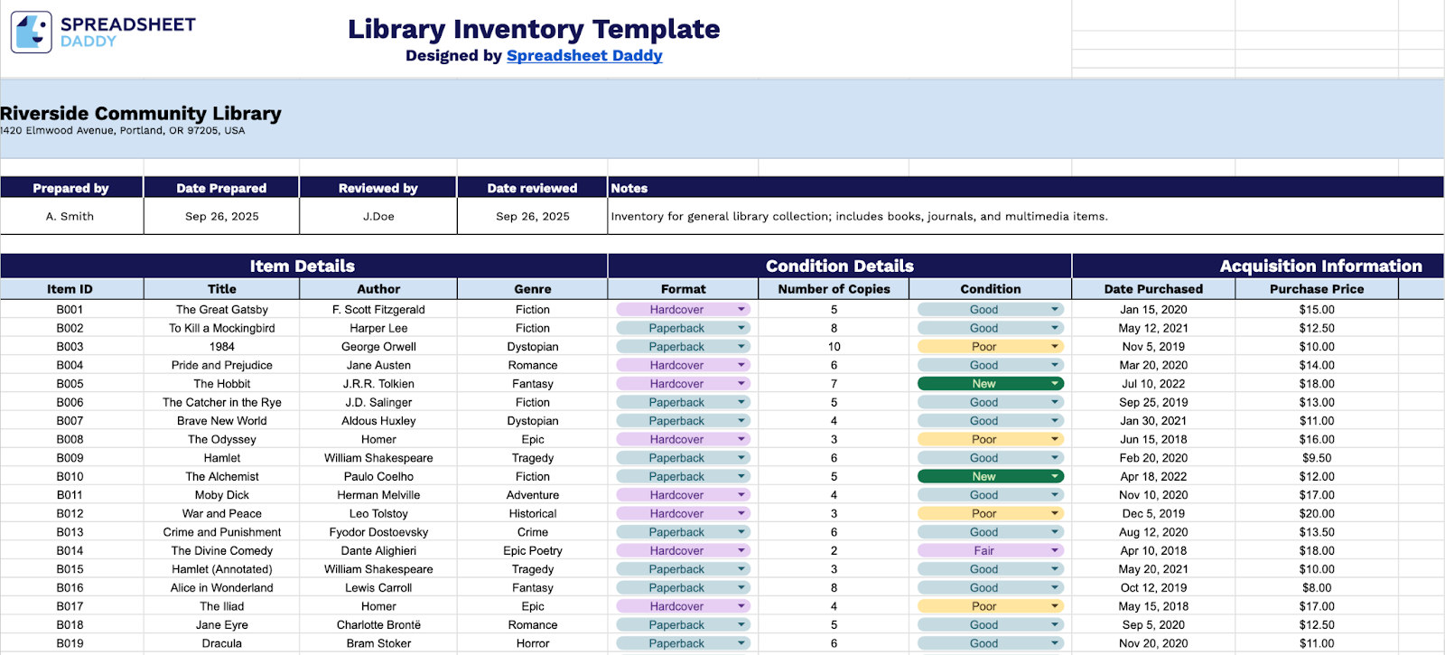 Free☝️ Library Inventory Spreadsheet Template (Google Sheets, Excel ...