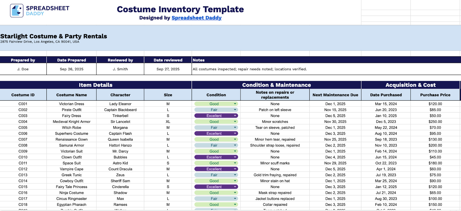 Free☝️ Costume Inventory Spreadsheet Template (Google Sheets, Excel ...