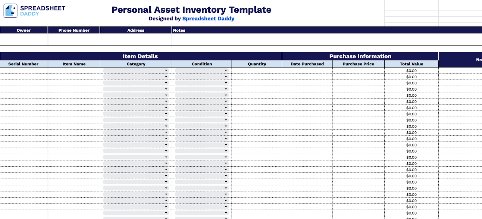 Free☝️ Personal Asset Inventory Spreadsheet Template (Google Sheets ...