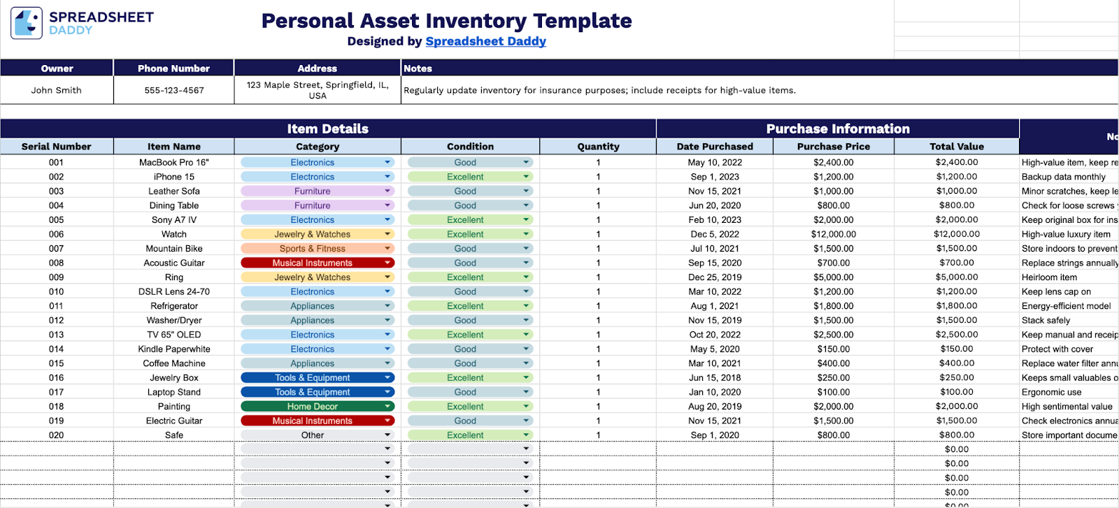 Free☝️ Personal Asset Inventory Spreadsheet Template (Google Sheets ...