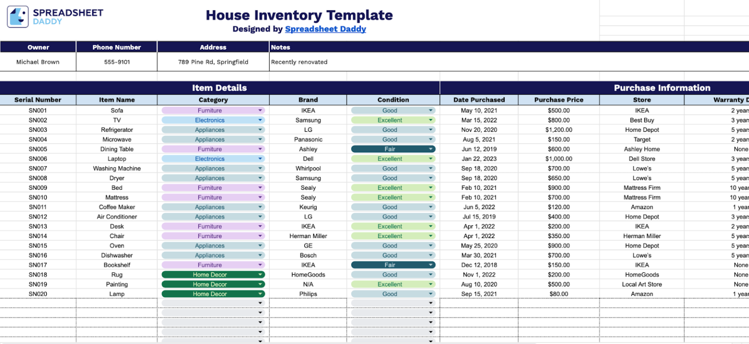 Free☝️ House Inventory Spreadsheet Template (Google Sheets, Excel ...