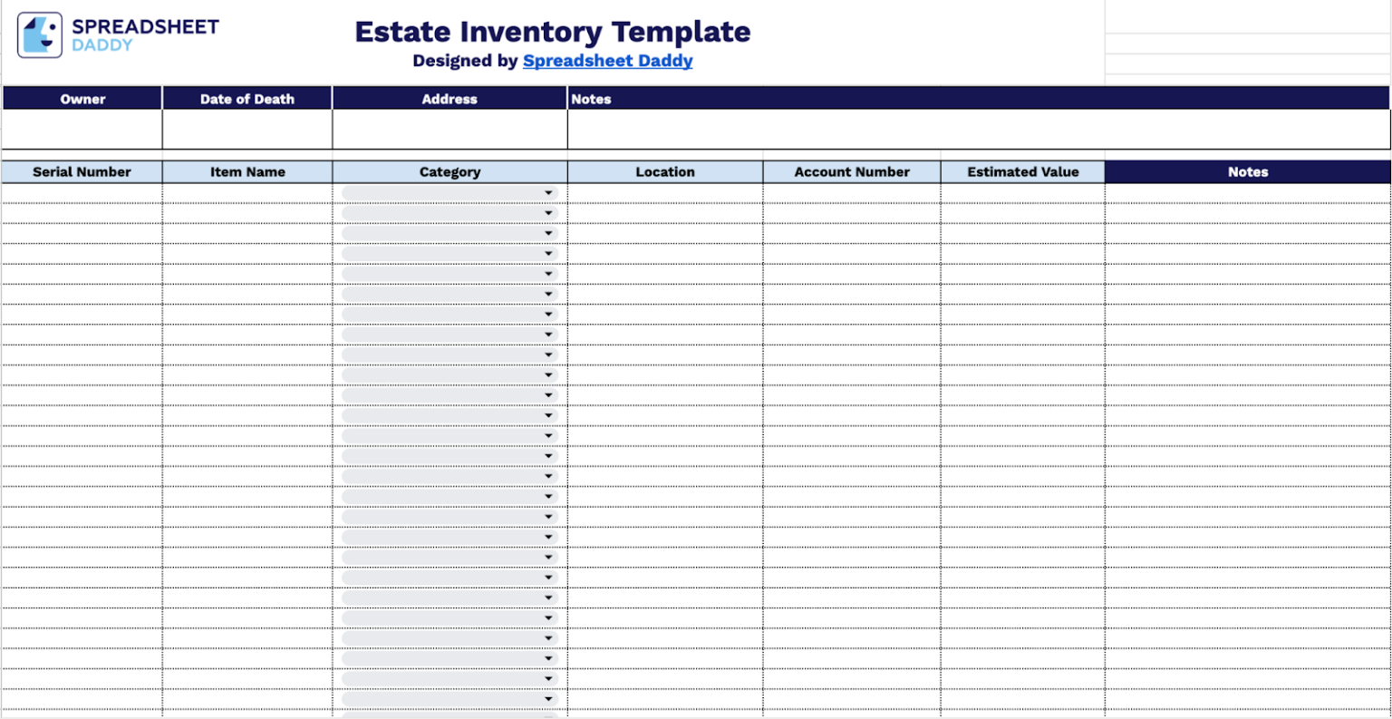 Free☝️ Estate Inventory Spreadsheet Template (Google Sheets, Excel ...