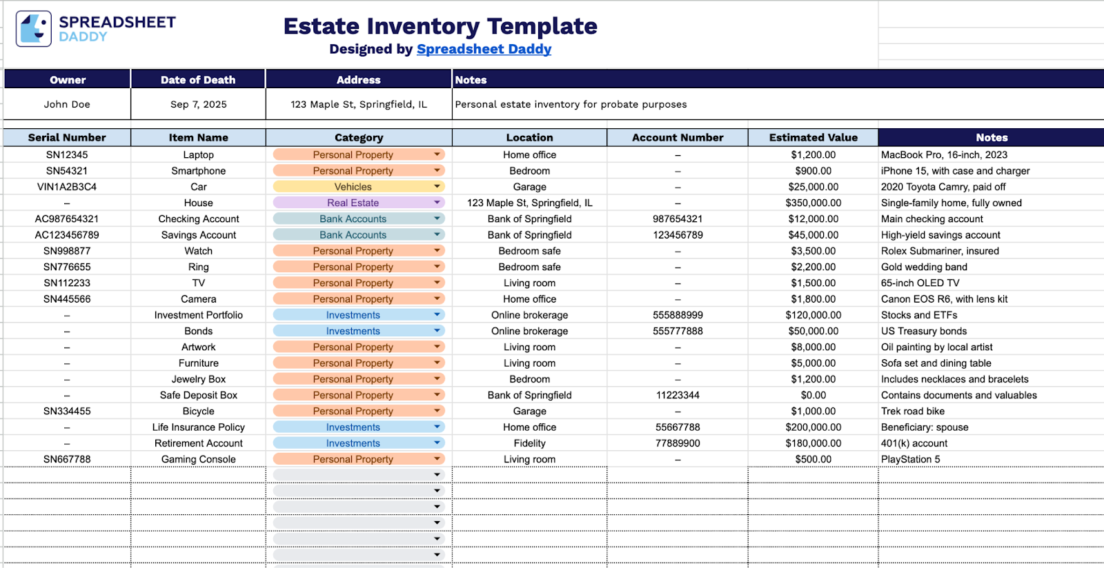 Free☝️ Estate Inventory Spreadsheet Template (Google Sheets, Excel ...