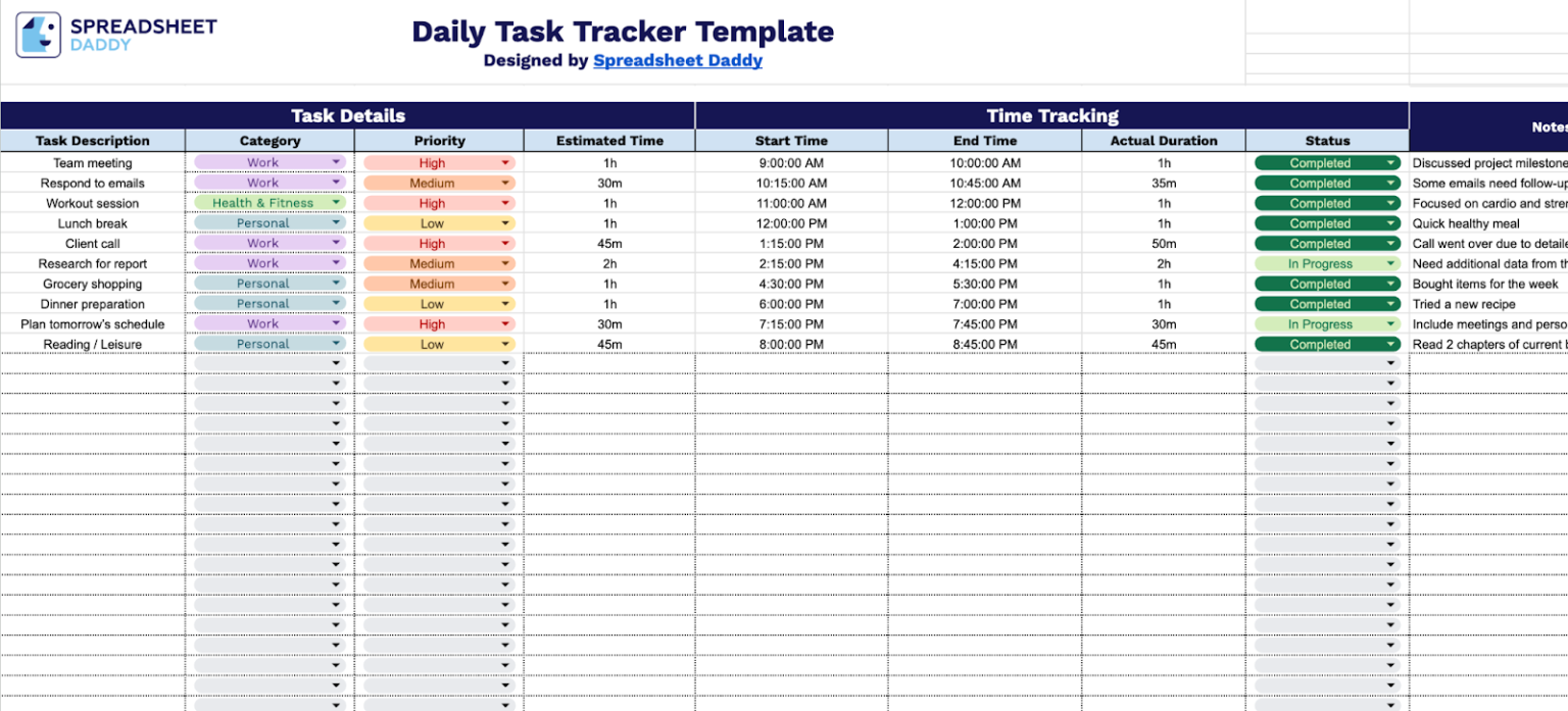 Free☝️ Daily Task Tracker Spreadsheet Template (Google Sheets, Excel ...