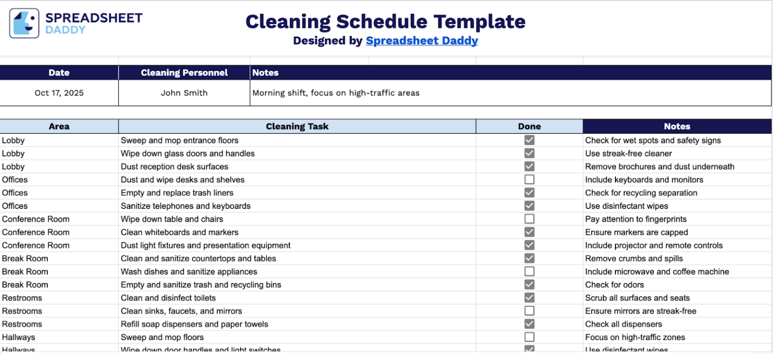 Free☝️ Cleaning Schedule Spreadsheet Template (Google Sheets, Excel ...