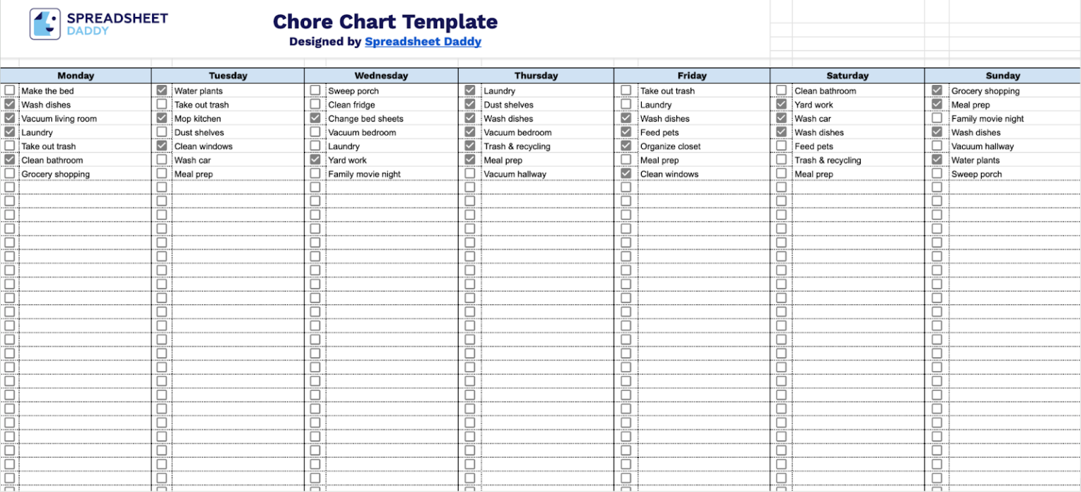Free☝️ Chore Chart Spreadsheet Template (Google Sheets, Excel, & PDF ...
