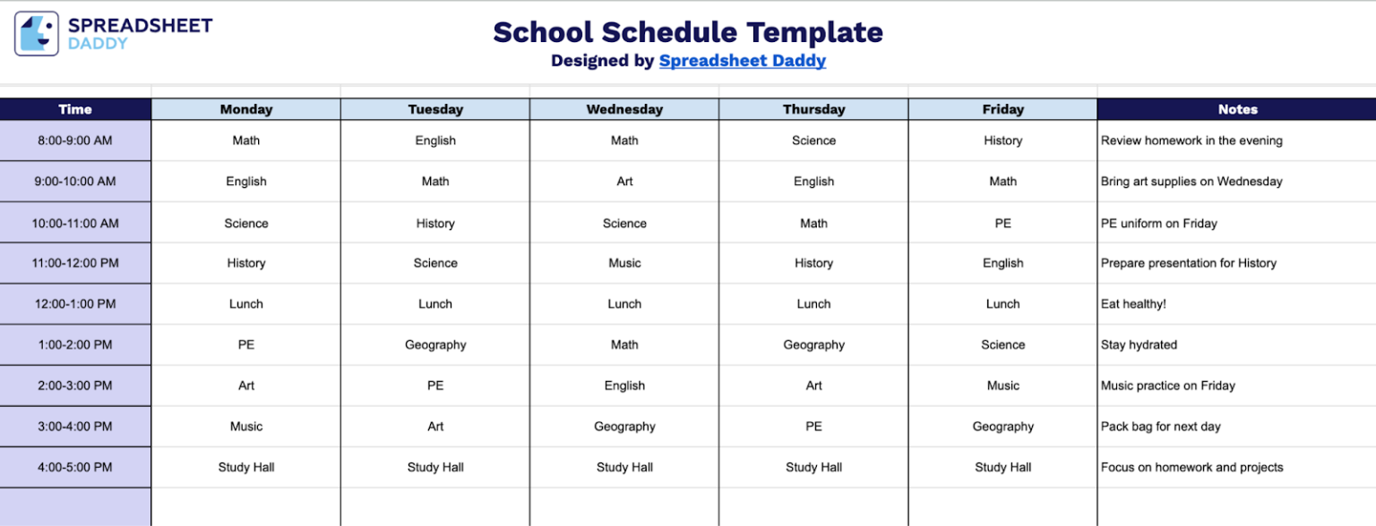 Free☝️ School Schedule Spreadsheet Template (Google Sheets, Excel ...