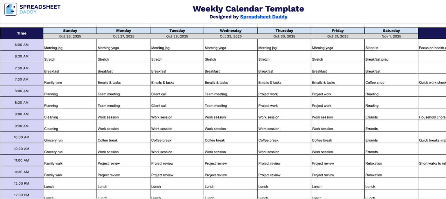 Free☝️ Weekly Calendar Template (Google Sheets, Excel, & PDF Downloads)