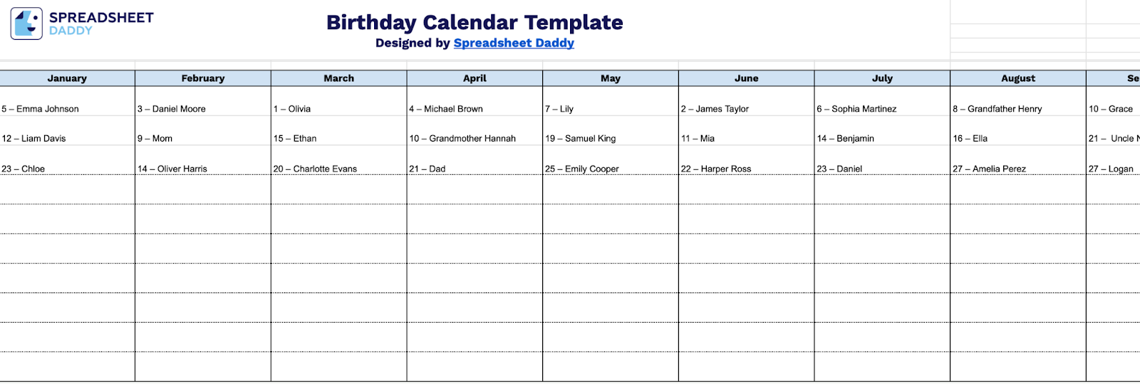 Free☝️ Birthday Calendar Template (Google Sheets, Excel, & PDF Downloads)