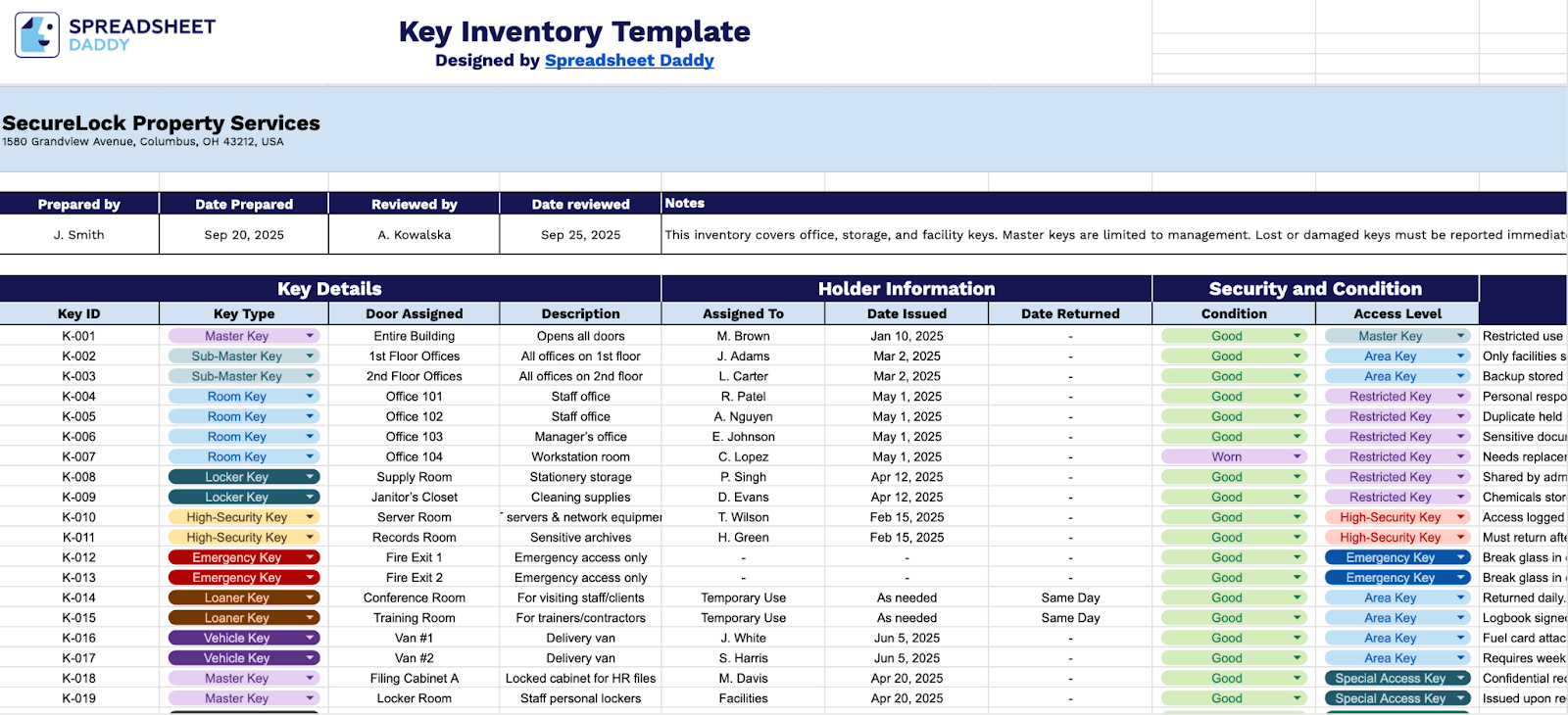 Free☝️ Key Inventory Spreadsheet Template (Google Sheets, Excel, & PDF ...