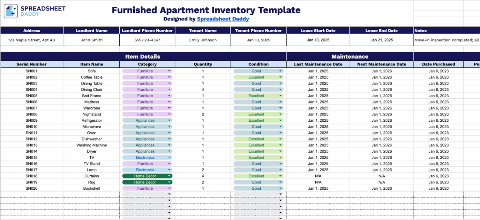 Free☝️ Furnished Apartment Inventory Spreadsheet Template (Google ...