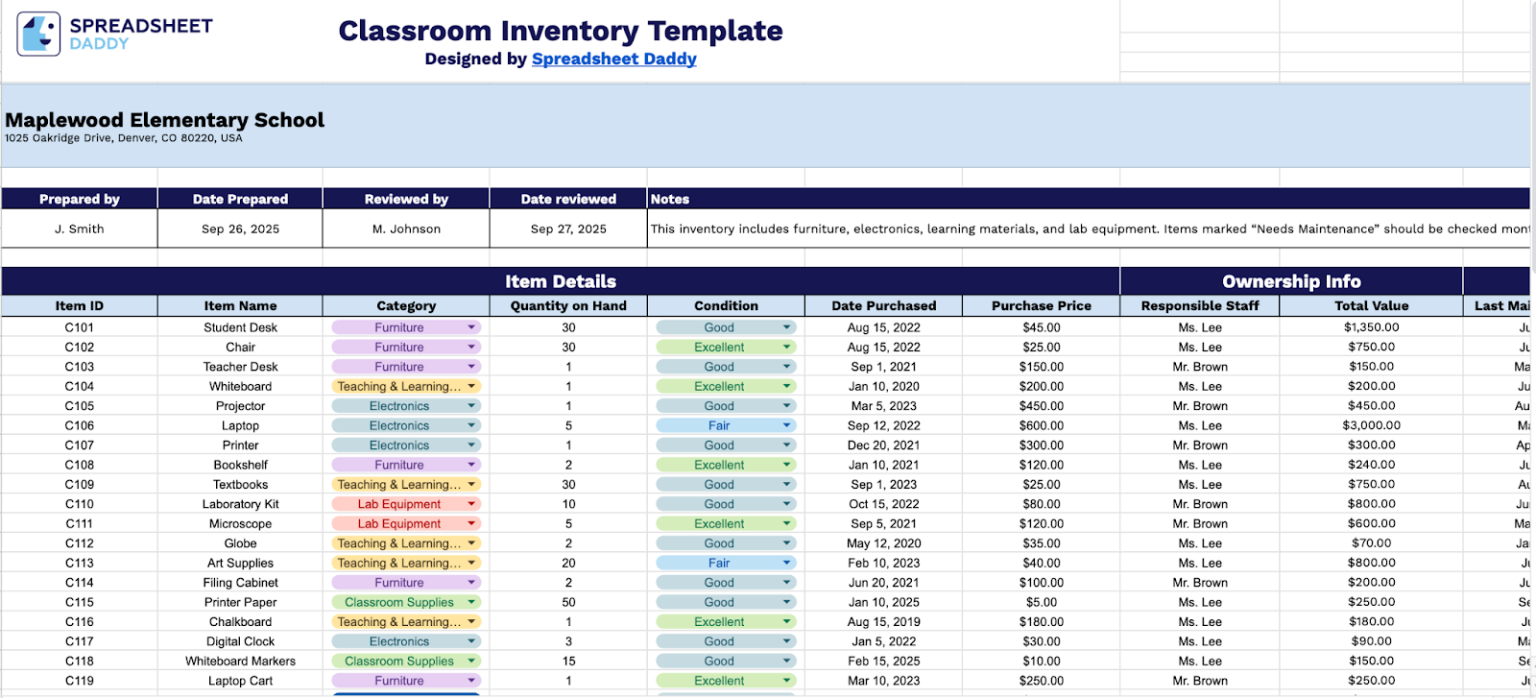 Free☝️ Classroom Inventory Spreadsheet Template (Google Sheets, Excel ...