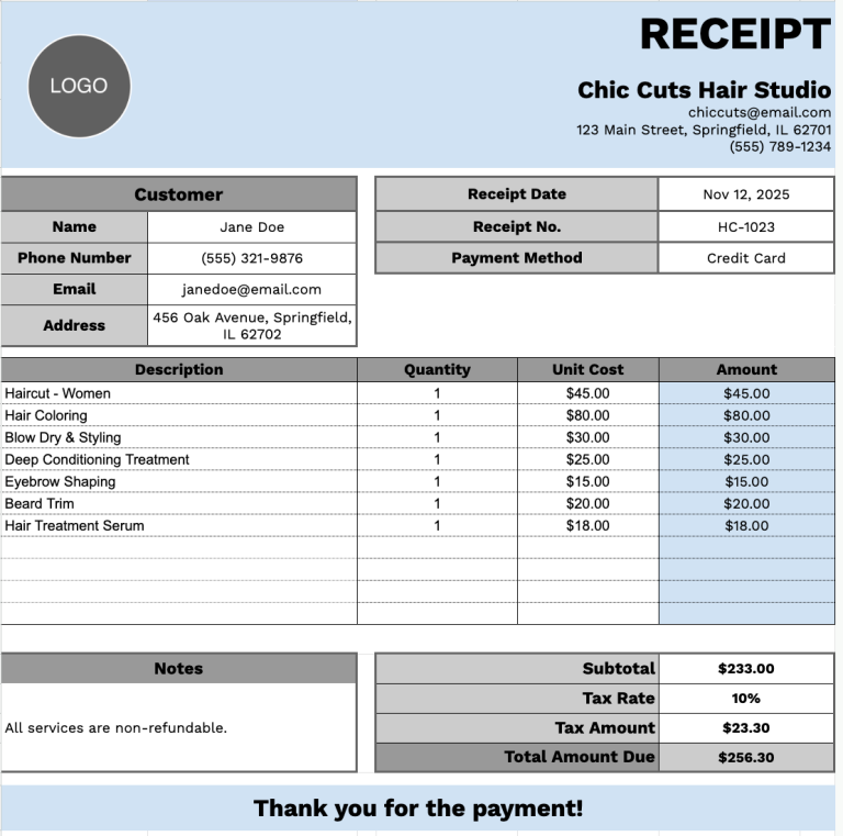 Free☝️ Hair Salon Receipt Template (Google Sheets, Excel, Word, Google ...