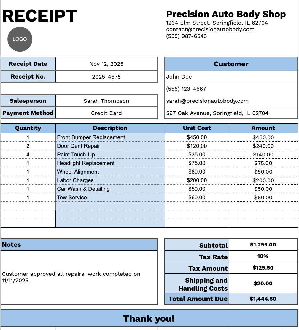 Free☝️ Body Shop Receipt Template (Google Sheets, Excel, Word, Google ...