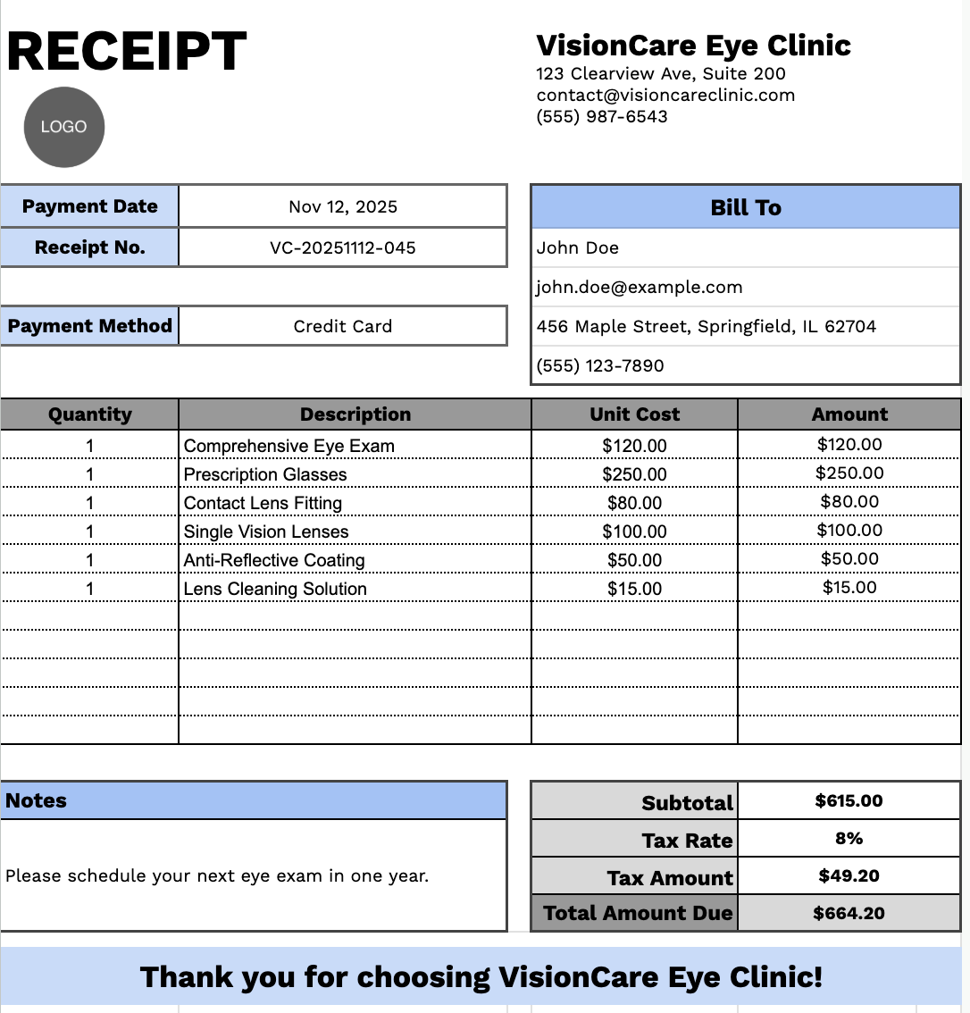 Free☝️ Eye Doctor Receipt Template (Google Sheets, Excel, Word, Google ...