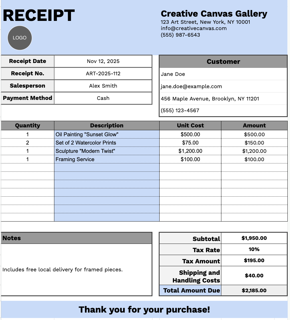 Free☝️ Art Sale Receipt Template (Google Sheets, Excel, Word, Google ...