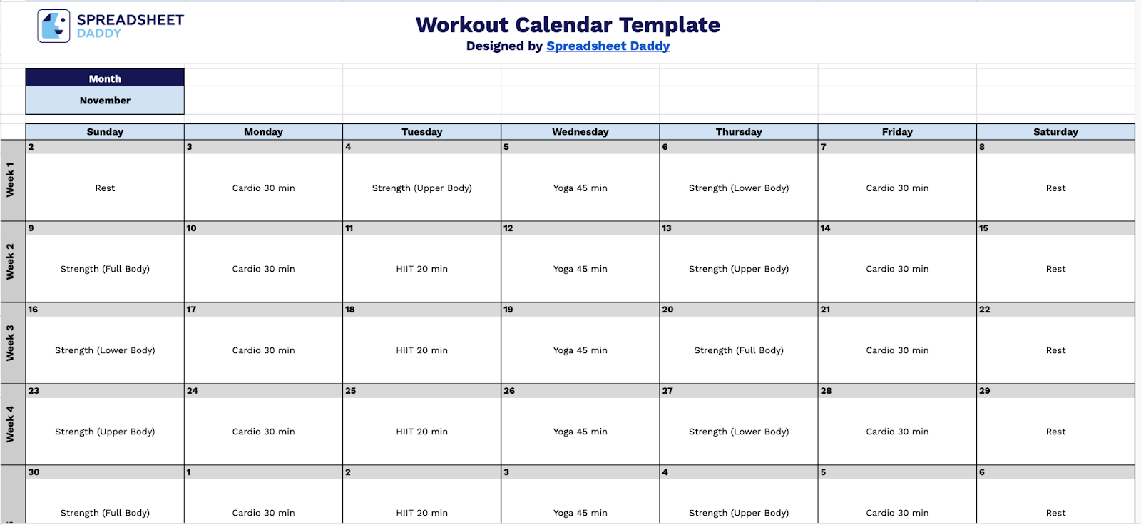 Free☝️ Workout Calendar Template (Google Sheets, Excel, & PDF Downloads)