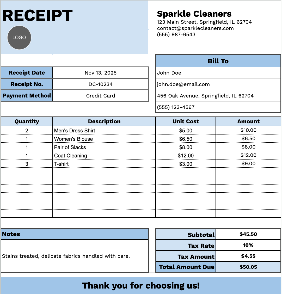 Free☝️ Dry Cleaning Receipt Template (Google Sheets, Excel, Word ...