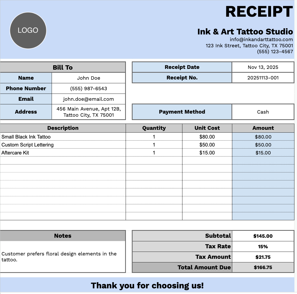 Free☝️ Tattoo Receipt Template (Google Sheets, Excel, Word, Google Docs ...