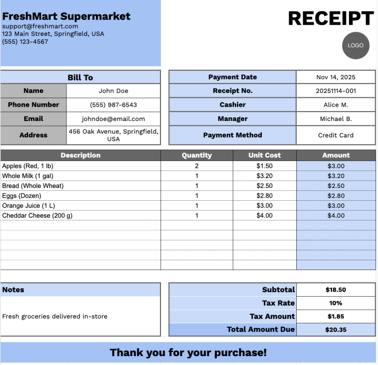 Free☝️ Supermarket Receipt Template (Google Sheets, Excel, Word, Google ...
