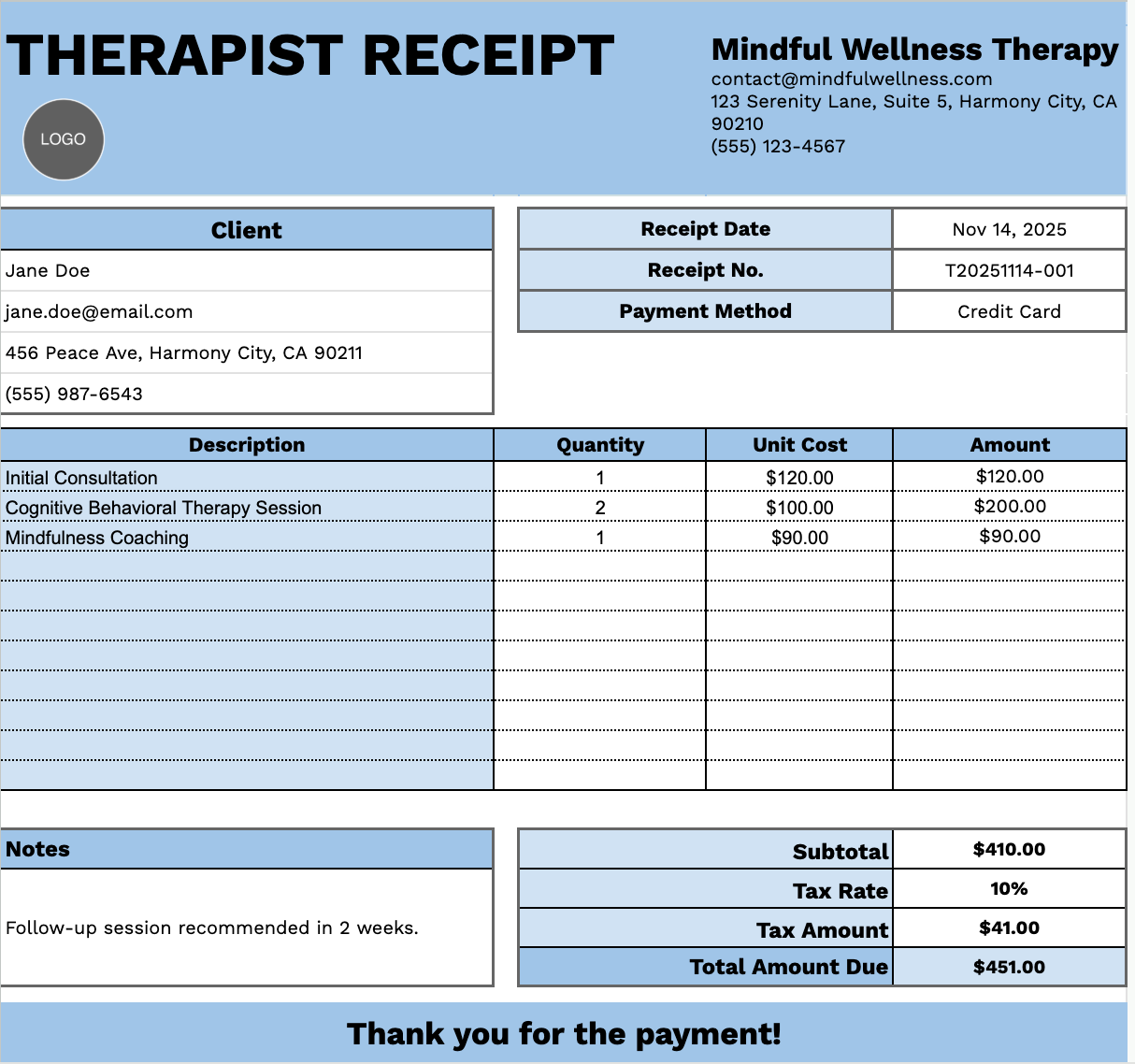 Free☝️ Therapist Receipt Template (Google Sheets, Excel, Word, Google ...