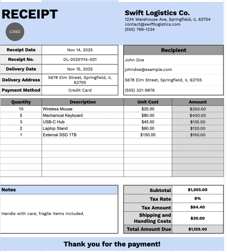 Free☝️ Delivery Receipt Template (Google Sheets, Excel, Word, Google ...