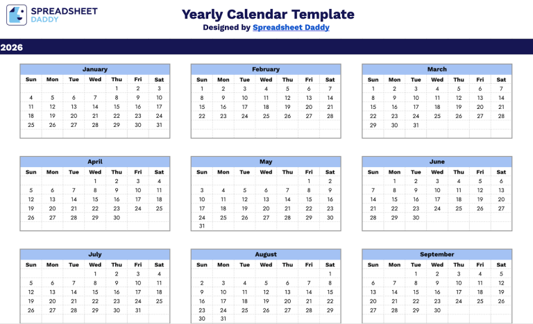 Free☝️ Yearly Calendar Template (Google Sheets, Excel, & PDF Downloads)