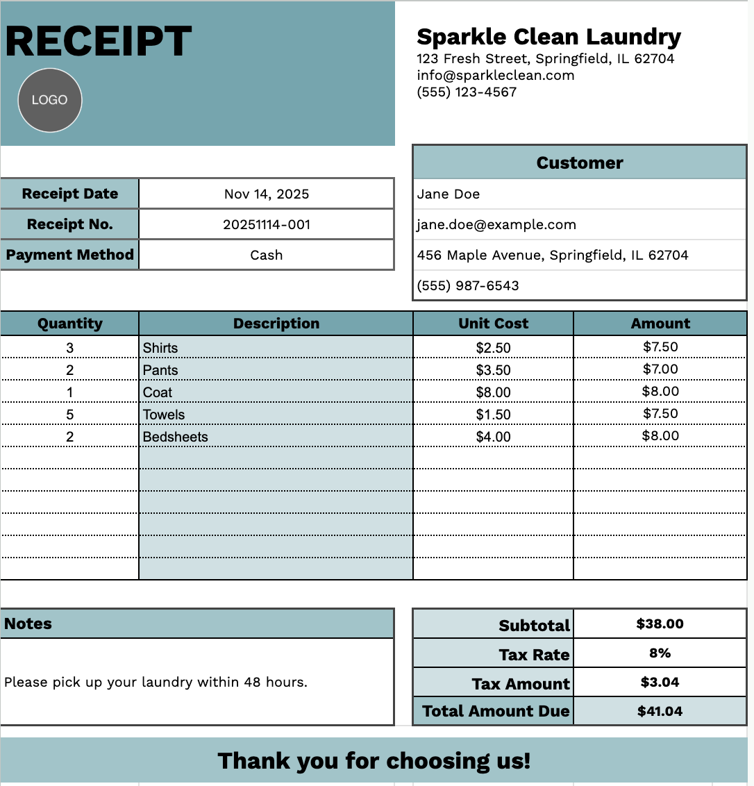Free☝️ Laundry Receipt Template (Google Sheets, Excel, Word, Google ...