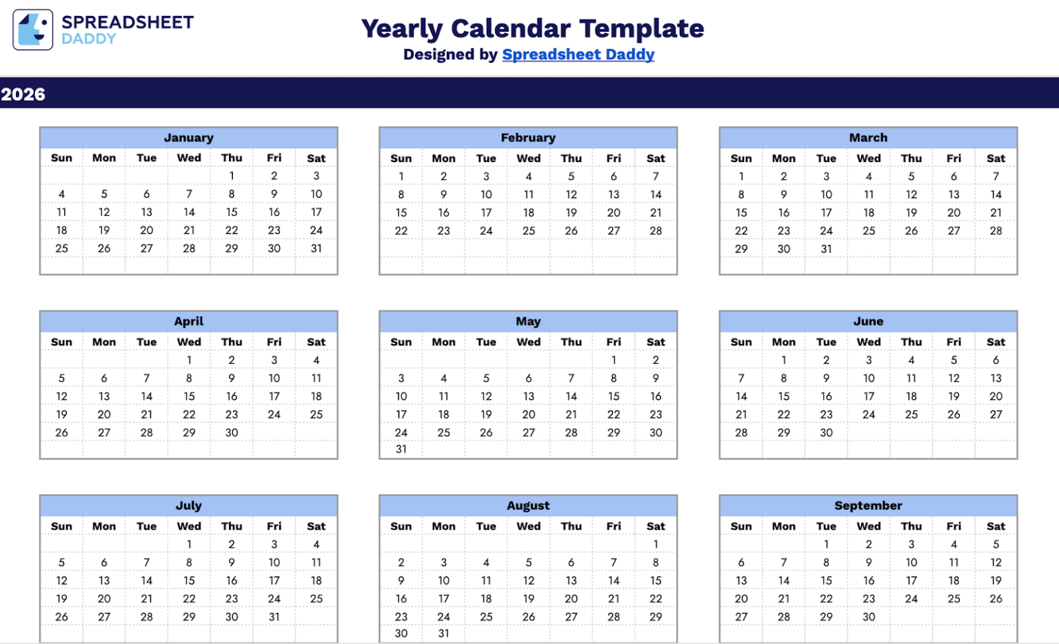 Free☝️ Yearly Calendar Template (Google Sheets, Excel, & PDF Downloads)