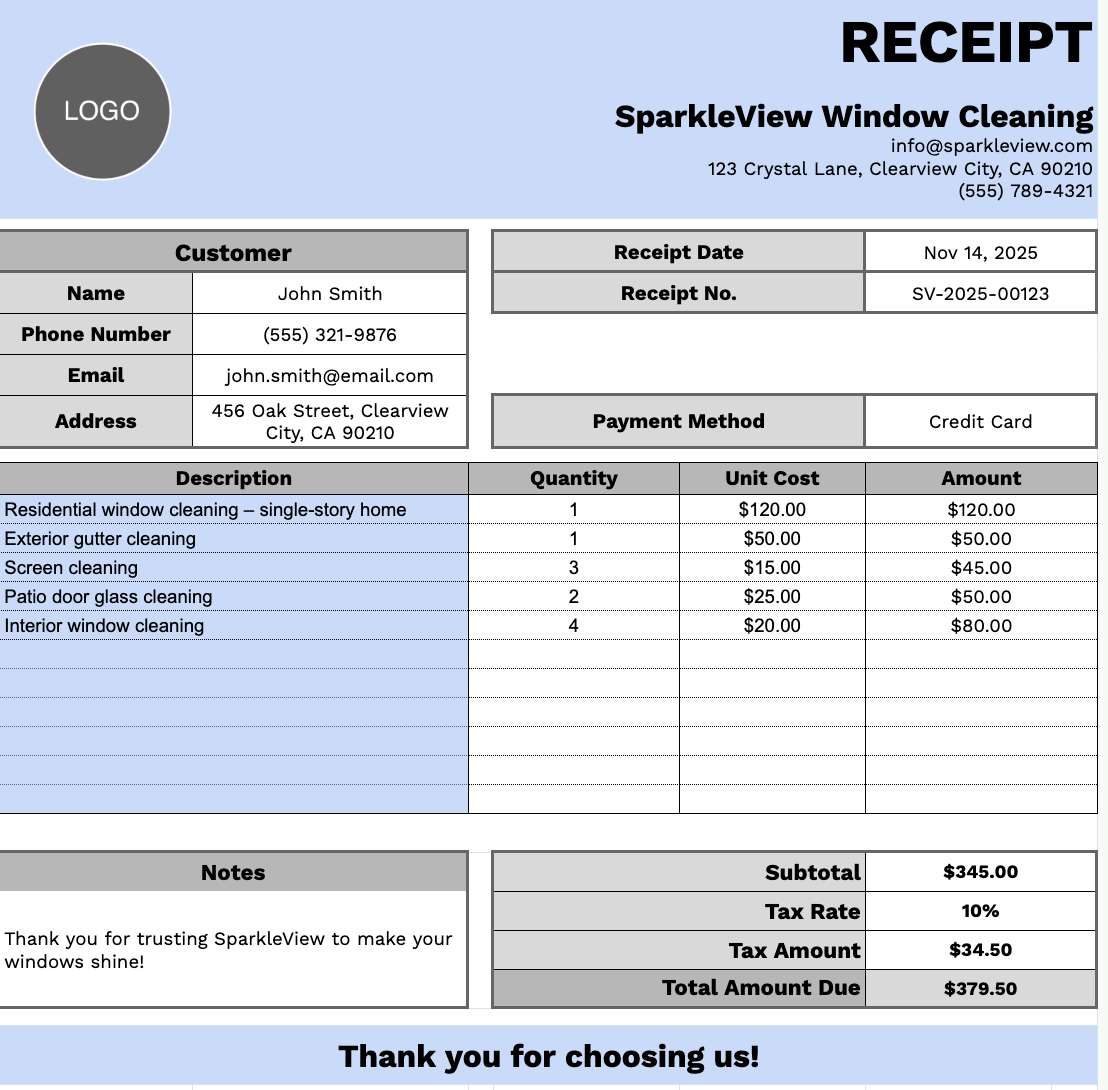 Free☝️ Window Cleaning Receipt Template (Google Sheets, Excel, Word ...