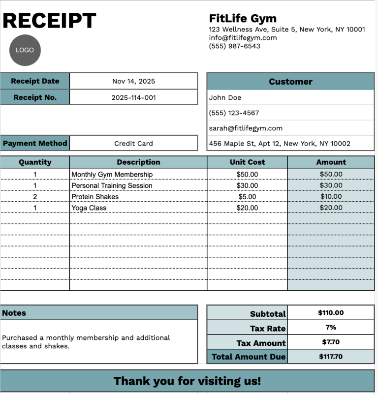 Free☝️ Gym Receipt Template (Google Sheets, Excel, Word, Google Docs ...