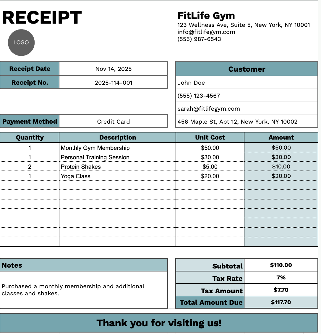 Free☝️ Gym Receipt Template (Google Sheets, Excel, Word, Google Docs ...