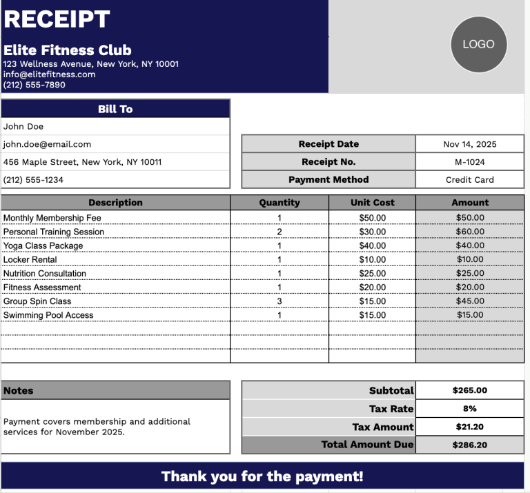 Free☝️ Membership Receipt Template (Google Sheets, Excel, Word, Google ...