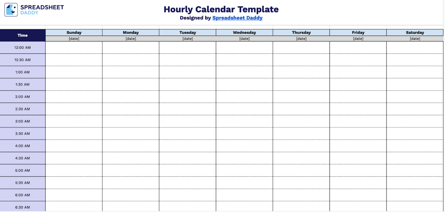 Free☝️ Hourly Calendar Template (Google Sheets, Excel, & PDF Downloads)