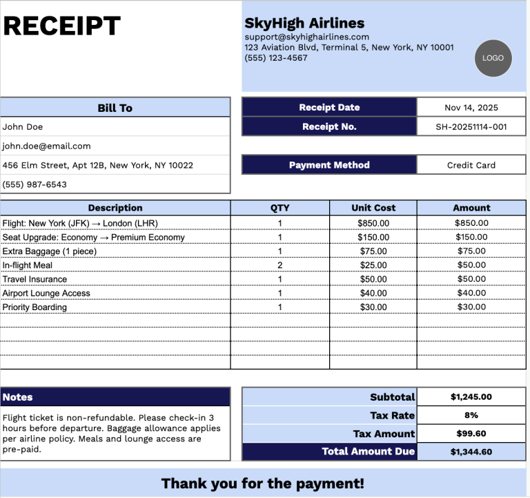Free☝️ Plane Ticket Receipt Template (Google Sheets, Excel, Word ...