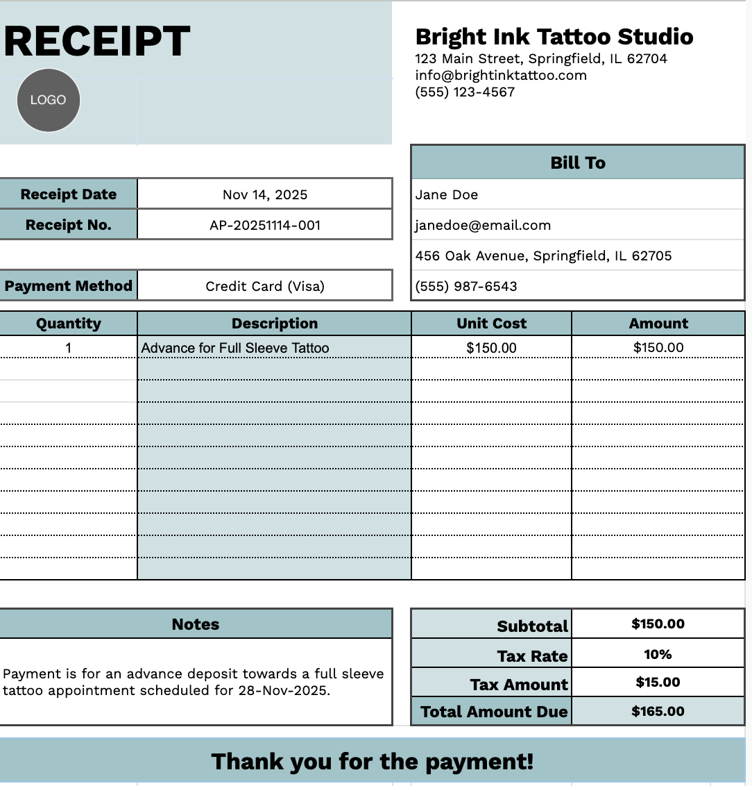 Free☝️ Advance Payment Receipt Template (Google Sheets, Excel, Word ...