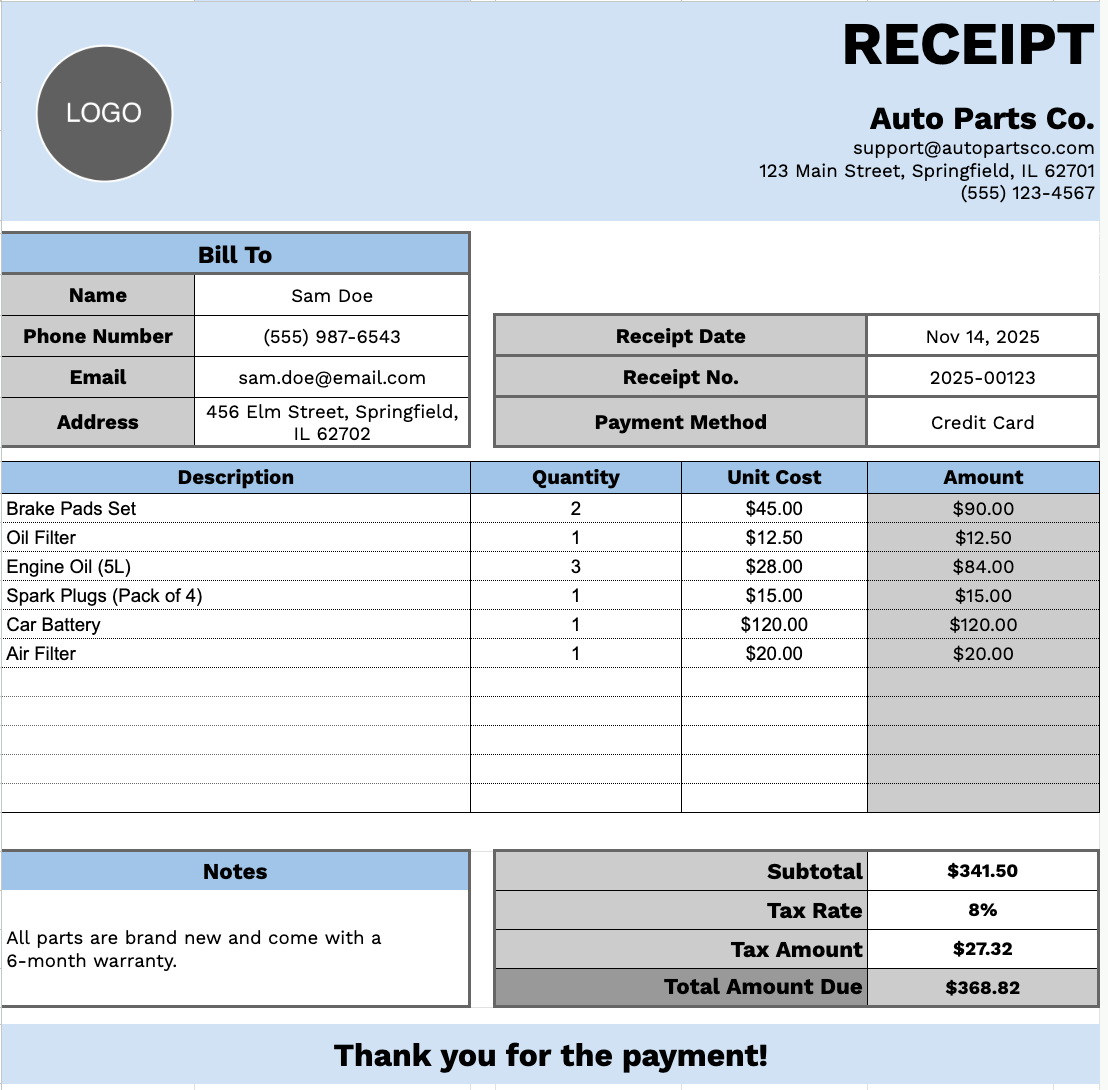 Free☝️ Parts Receipt Template (Google Sheets, Excel, Word, Google Docs ...