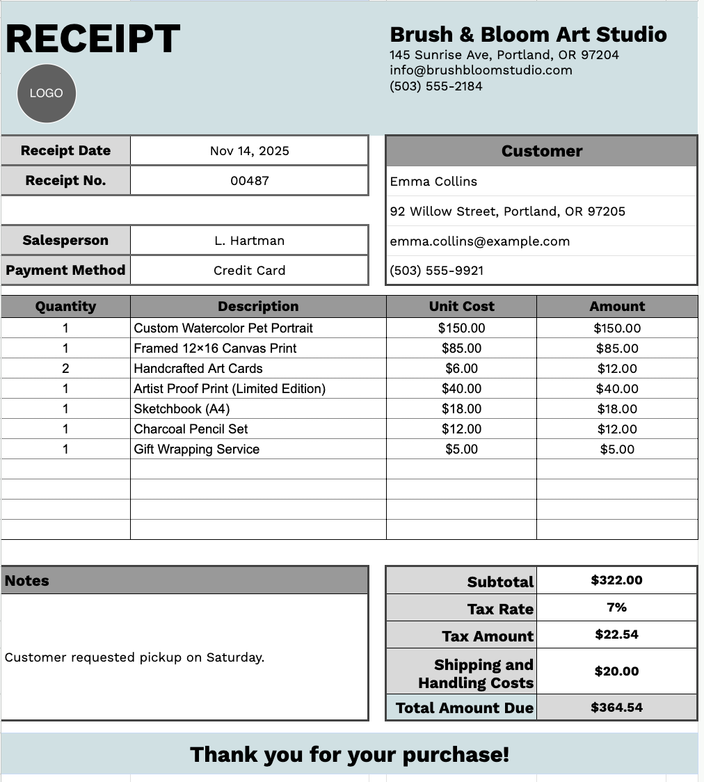Free☝️ Art Receipt Template (Google Sheets, Excel, Word, Google Docs, & PDF Downloads)