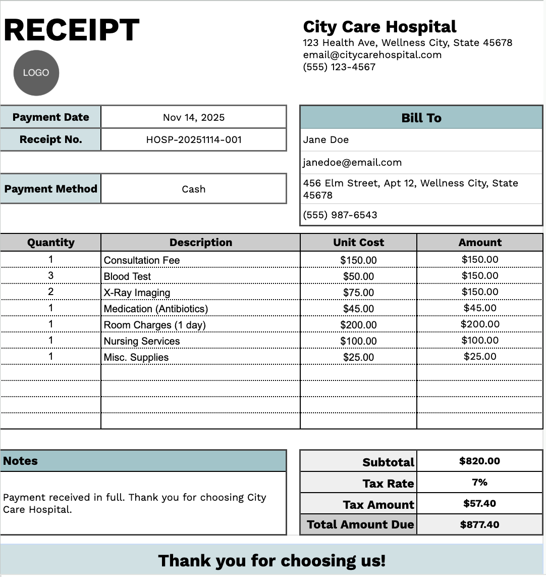 Free☝️ Hospital Receipt Template (Google Sheets, Excel, Word, Google ...