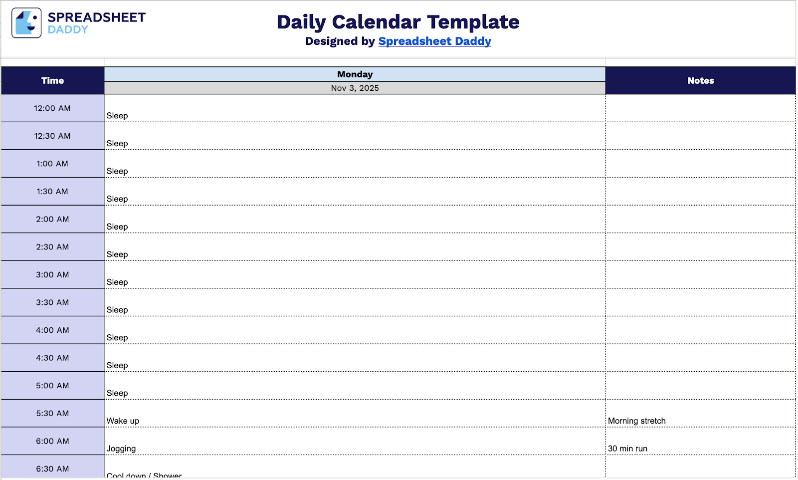 Free☝️ Daily Calendar Template (Google Sheets, Excel, & PDF Downloads)