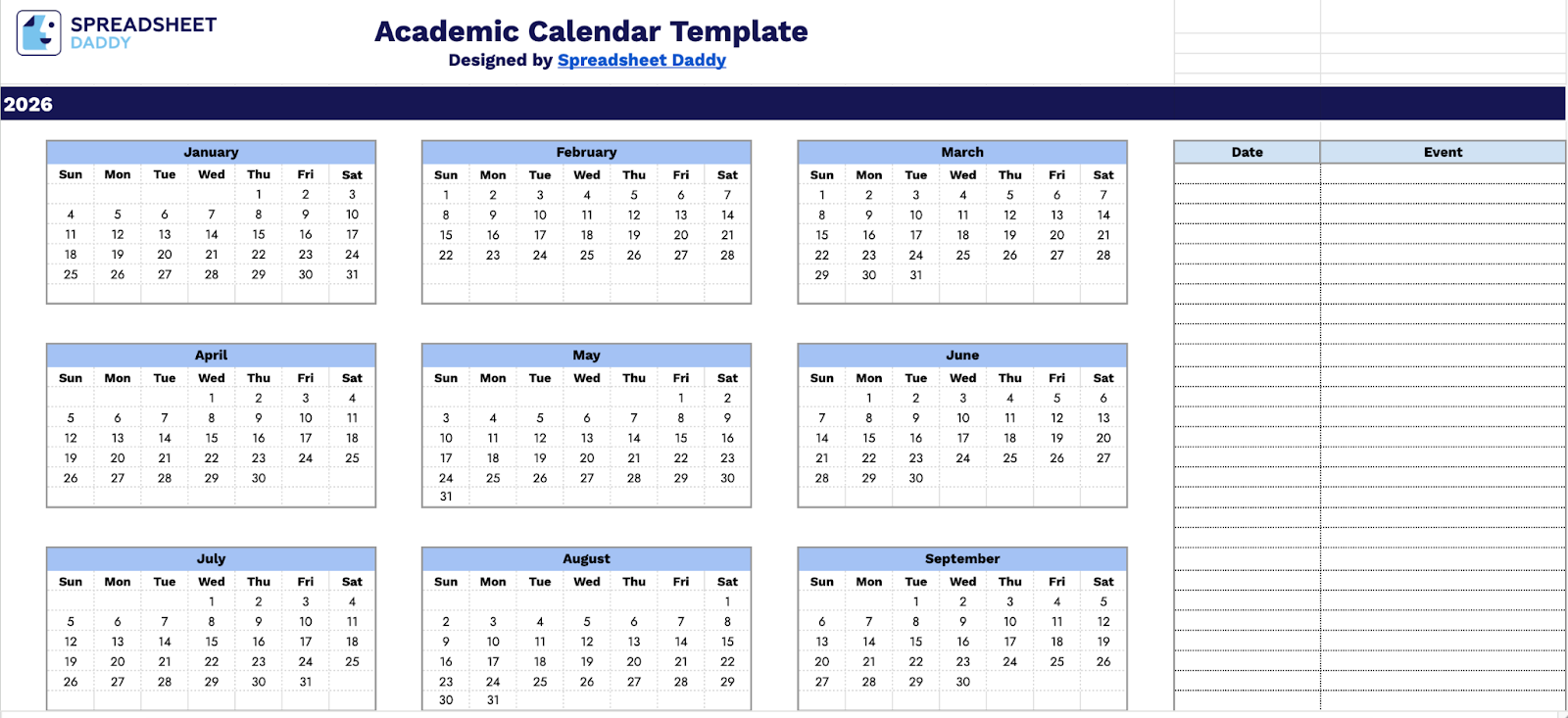 Free☝️ Academic Calendar Template (Google Sheets, Excel, & PDF Downloads)