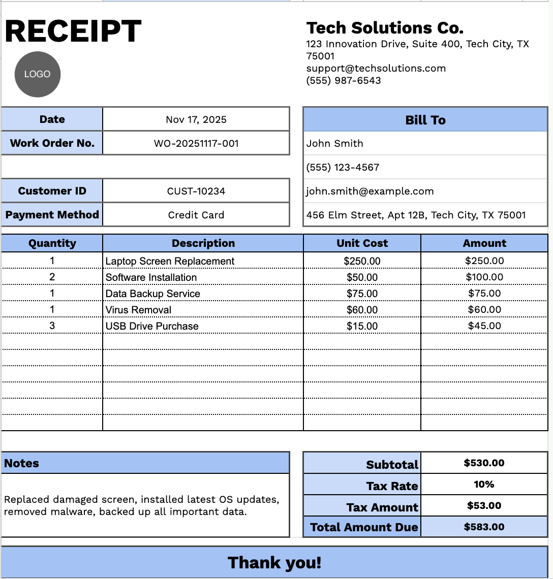 Free☝️ Work Order Receipt Template (Google Sheets, Excel, Word, Google ...